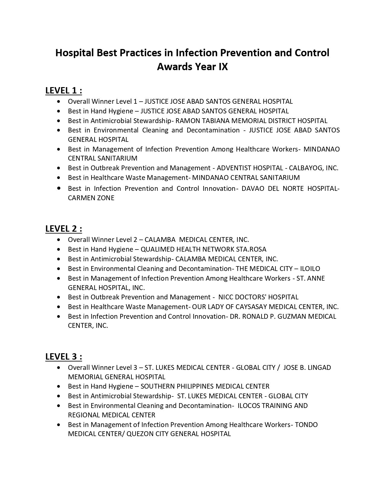 Hospital Best Practices in Infection Prevention and Control Awards Year ...